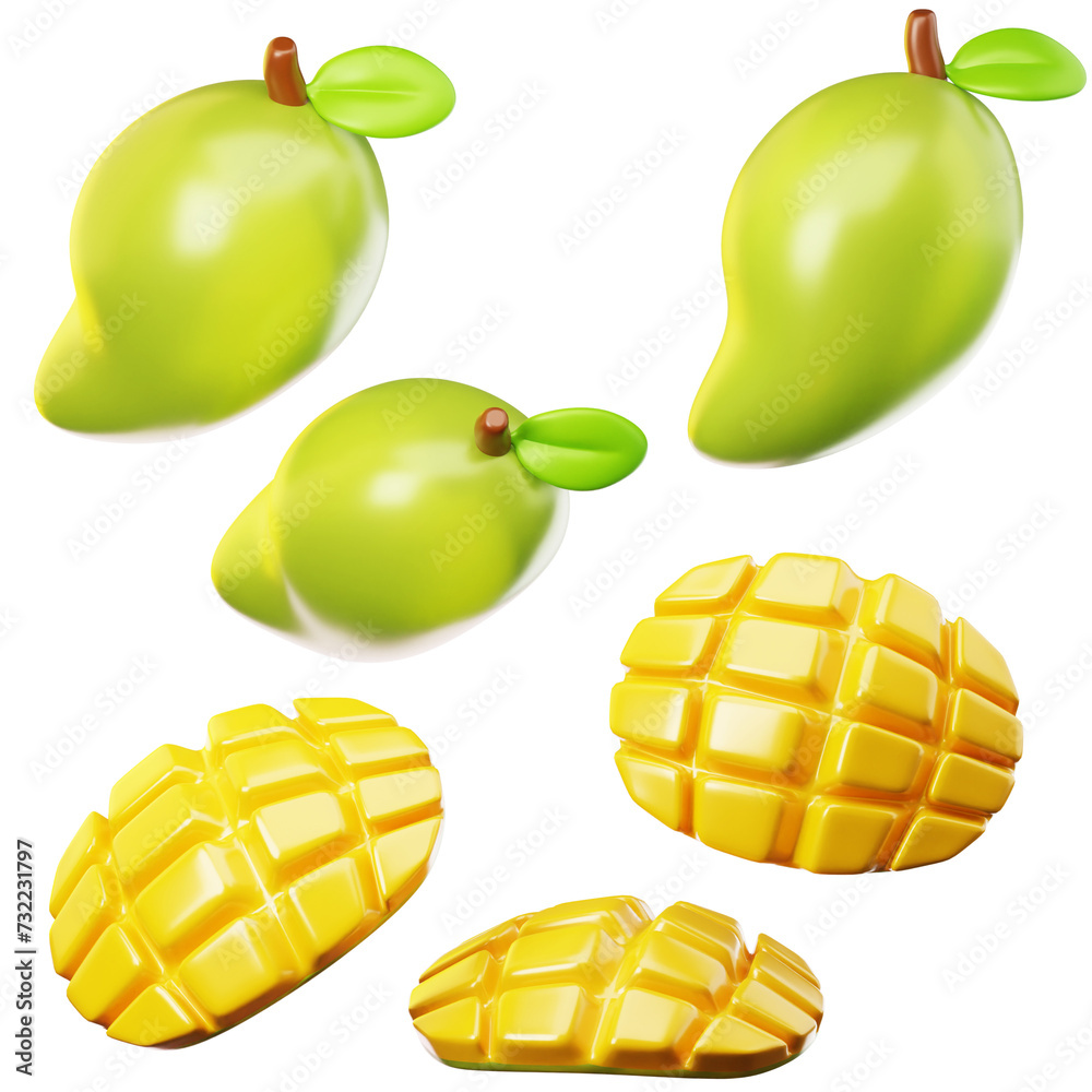 3D Icon fresh mango fruit on three points of view. On transparent ...