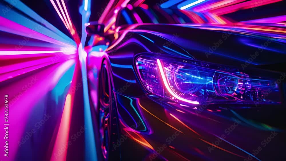 The camera zooms in on a cars headlights featuring a prism effect ...