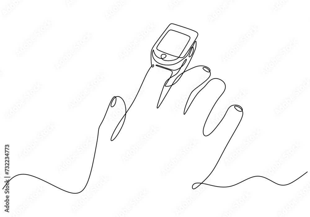 Continuous one line art drawing. Hand with oximeter on finger. Digital ...