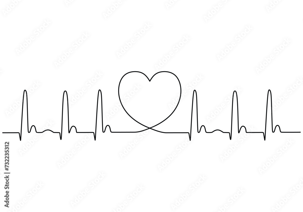 Heartbeat continuous one line drawing. Doodle heart with pulse vector ...