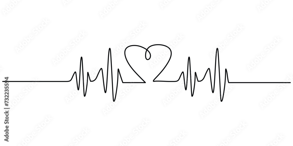 heart pulse Continuous one line drawing. Heartbeat cardiogram ...