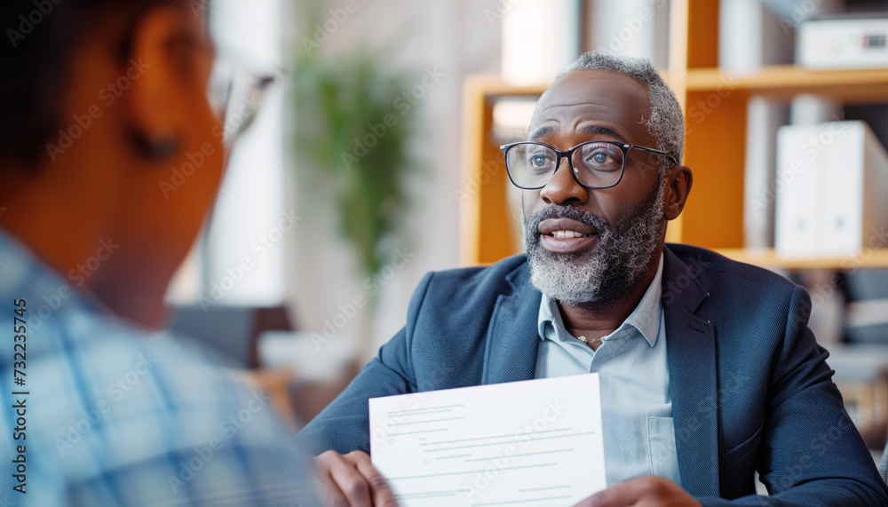 The recruiter holds the candidate's resume in his hands and conducts an ...