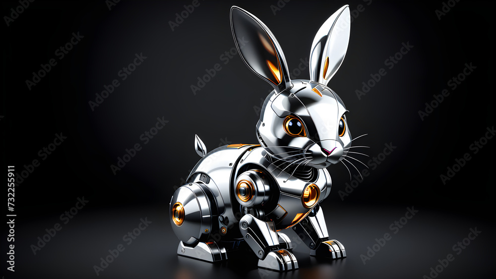 metal robot rabbit isolated on a black background. cyber animal ...