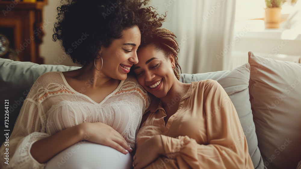 Married happy lesbian couple expecting a baby, pregnant lesbian couple smiling and embracing ...