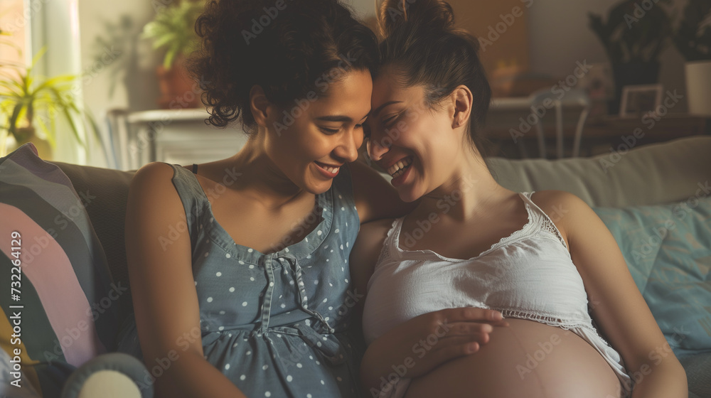 Married happy lesbian couple expecting a baby, pregnant lesbian couple smiling and embracing ...
