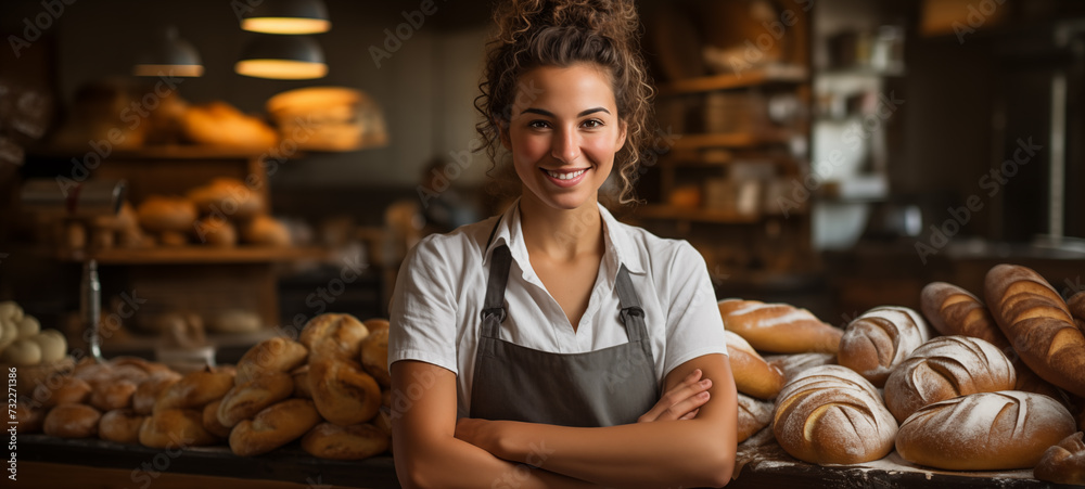 A cheerful baker with a mustache, wearing a white hat and apron ...