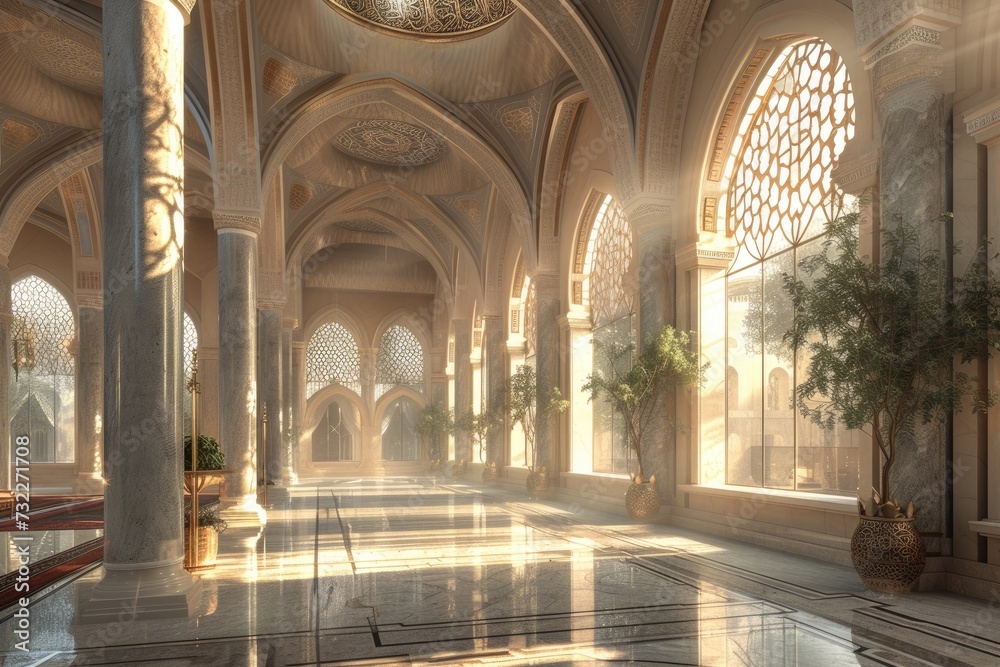 Beautiful Islamic style mosque interior. The mosque is decorated with ...