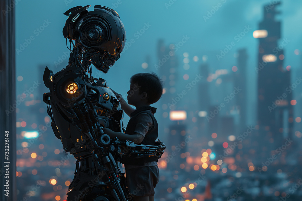 Cyborg taking care of a small kid, futuristic city in the background at ...