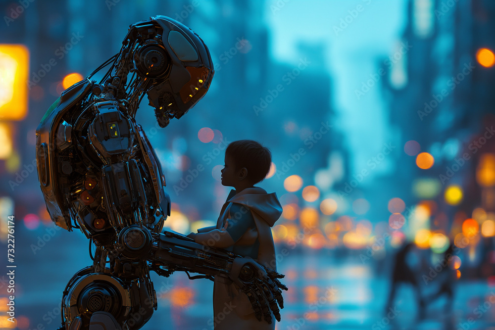 Cyborg taking care of a small kid, futuristic city in the background at ...