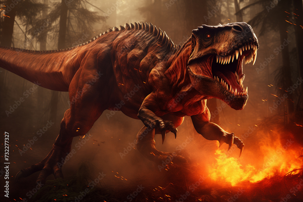 T Rex Dinosaur Screaming and Running in a Forest full of Fire and ...