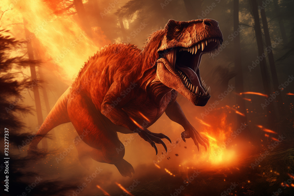 T Rex Dinosaur Screaming and Running in a Forest full of Fire and ...