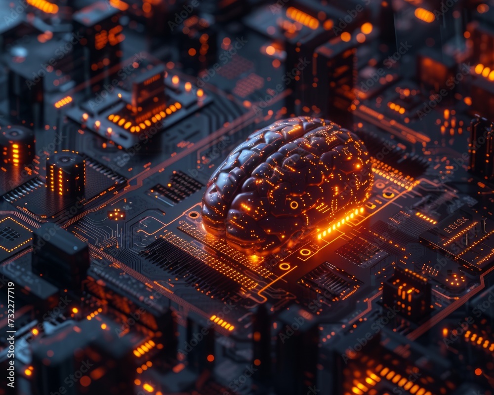 A glowing artificial brain sits atop a complex circuit board, symbolizing the convergence of ...