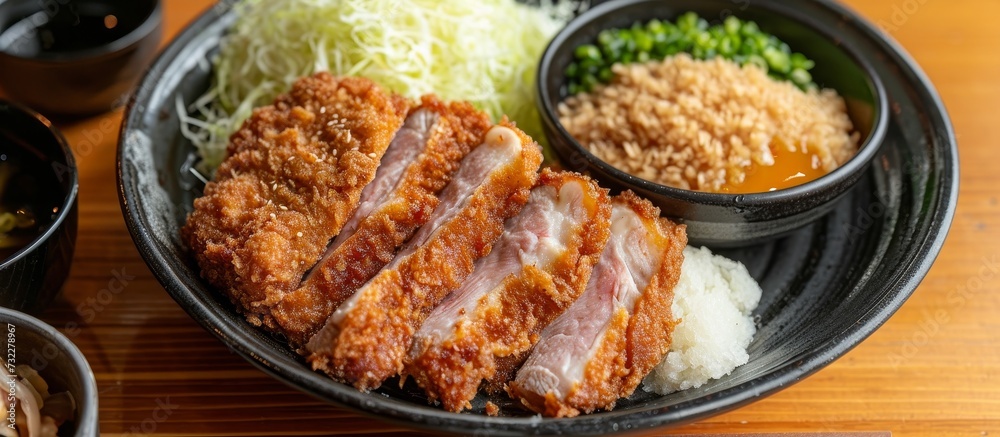 A close-up shot showcasing a plate of Tonkatsu, a deep-fried dish ...