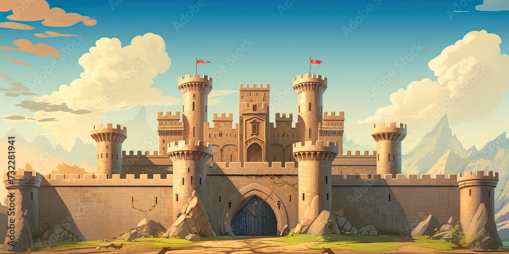 Cartoon castle, video game castles level scrolling platform, retro ...