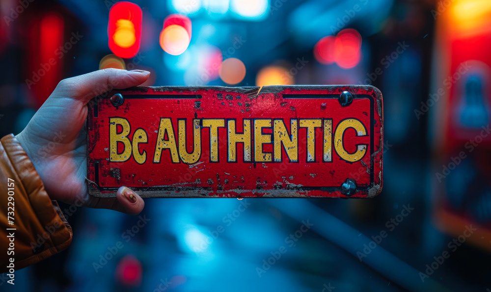 Hands holding a bold Be AUTHENTIC sign against a bokeh light background ...