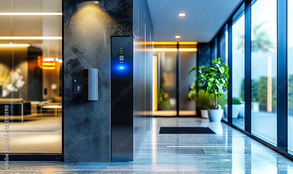 Modern office entrance with a biometric security access control system ...