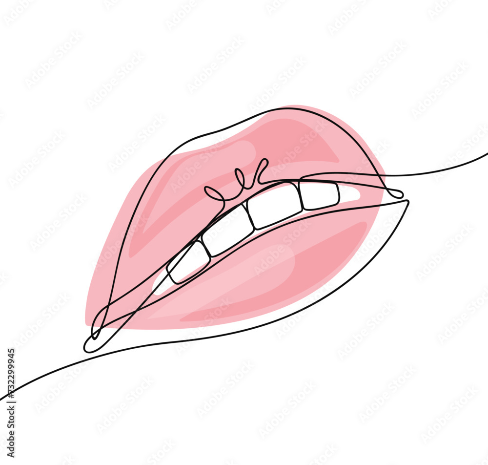 Continuous one line drawing of the lips on white background. Pink lips ...