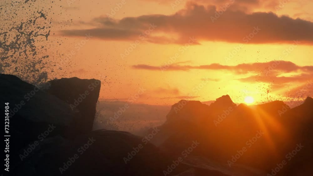 Big ocean waves hitting across huge stones during the sunset ...