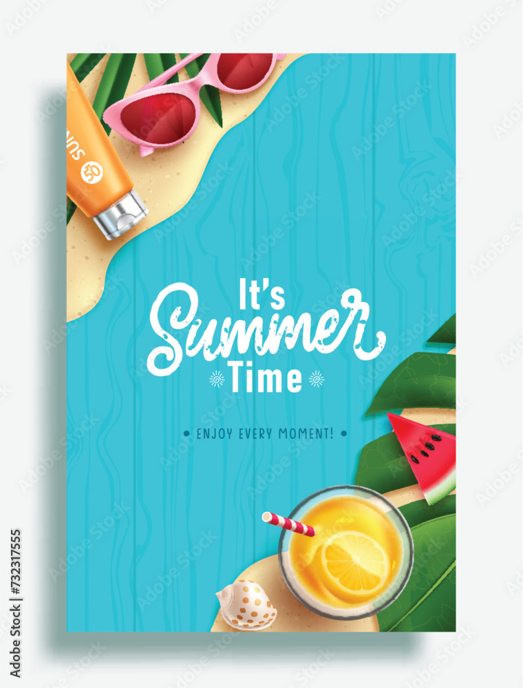 Summer time vector poster template. It's summer time greeting text in ...