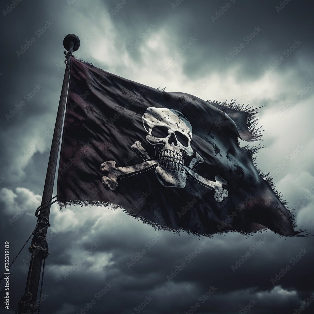 Pirate flag with skull and bones waving in the wind, cloudy sky ...
