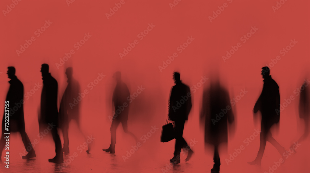 Walking people blurred silhouettes on a red background. Motion outlines ...