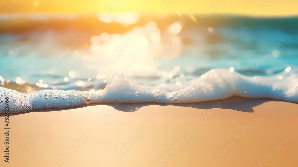 Sandy beach with light blue transparent water waves and sunlight ...
