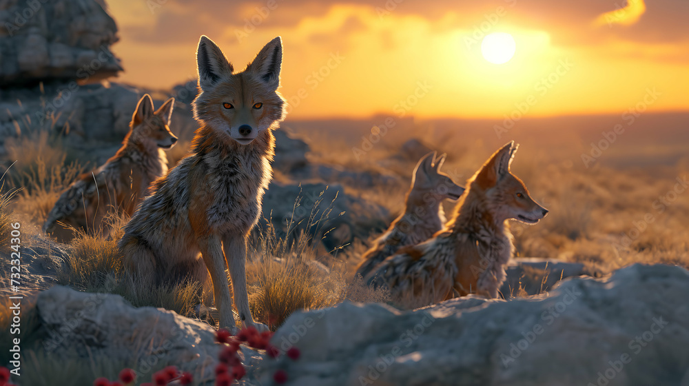 Jackal family standing in front of the camera in the rocky plains with ...