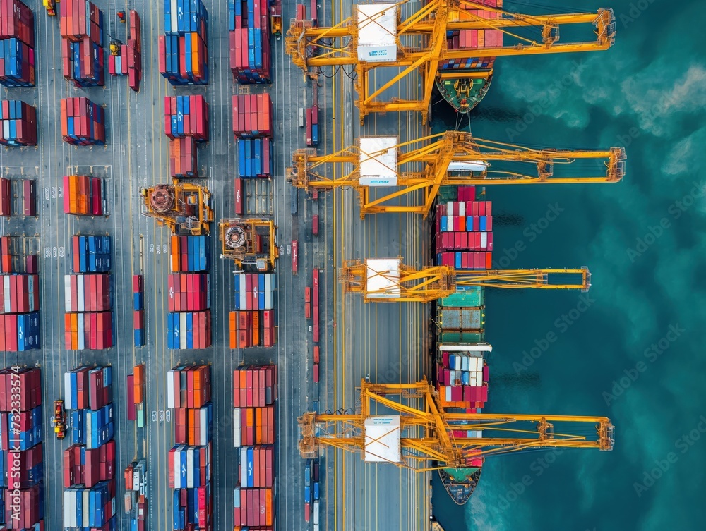 Aerial perspective of a busy shipping port with containers and cranes ...