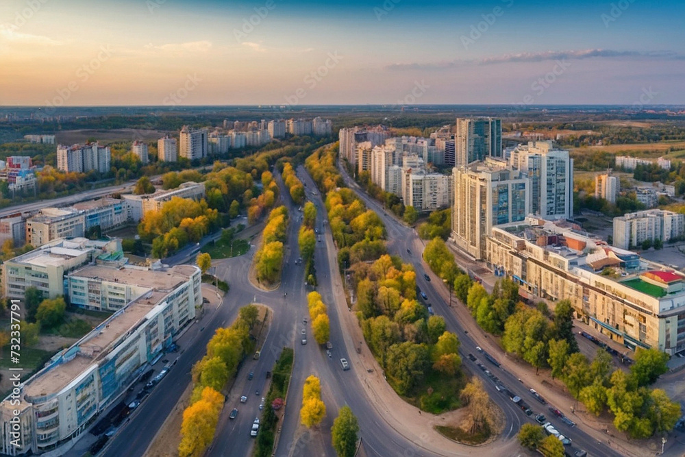 aerial drone photo shows the downtown panorama of Chisinau, showing ...