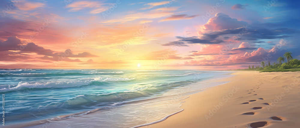 Captivating ultra-wide beach scene of a paradise beach at sunrise, a ...
