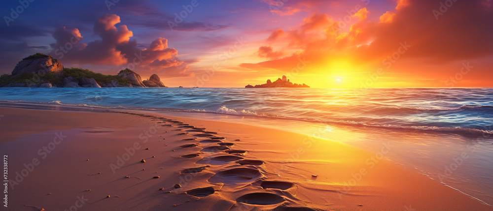 Captivating ultra-wide beach scene of a paradise beach at sunrise, a ...