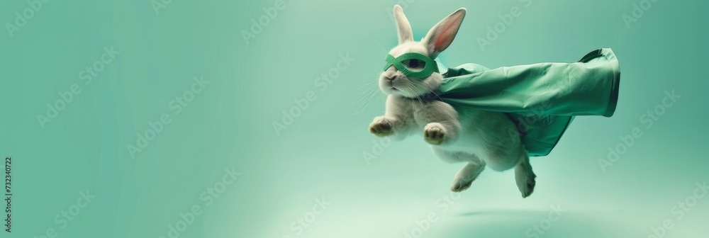 superhero rabbit, Cute with a green cloak and mask jumping and flying ...