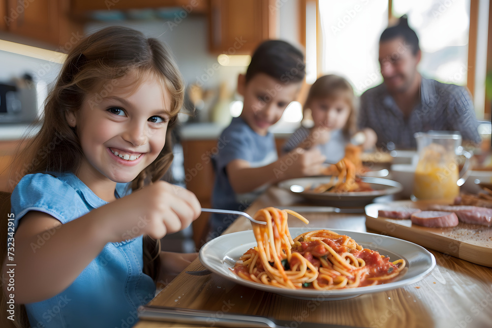 Father, kids and a girl eating spaghetti with her family in the dining ...