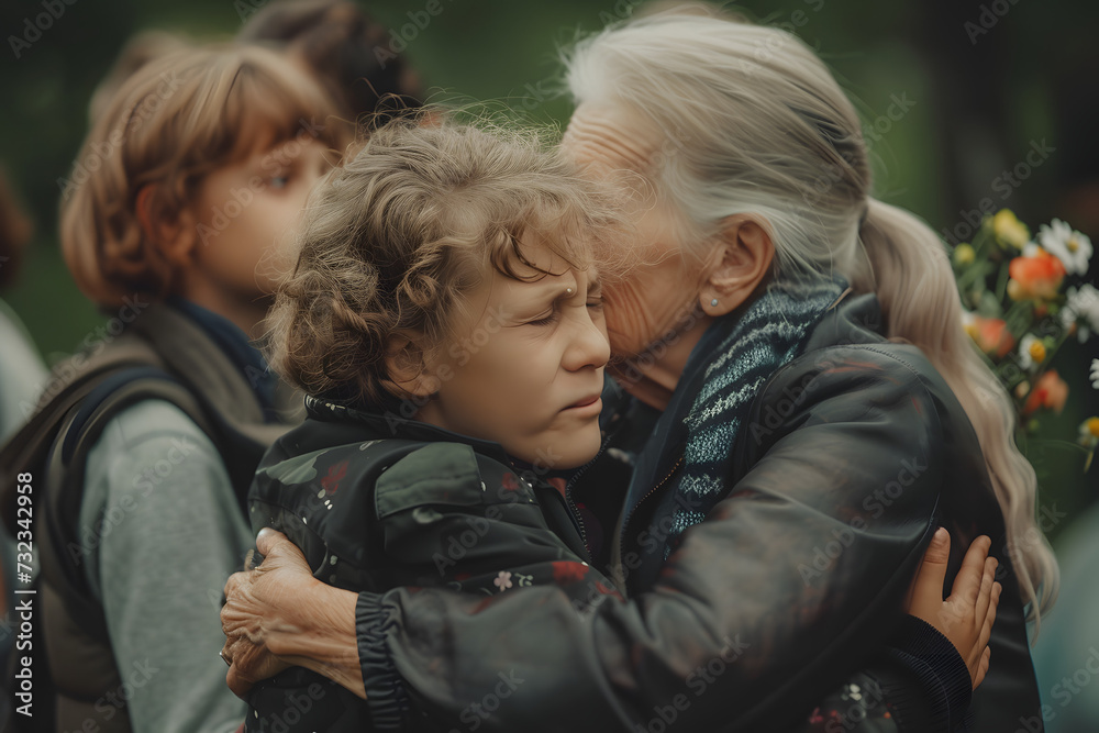 Funeral, crying family and child hug grandmother for support, mourning ...