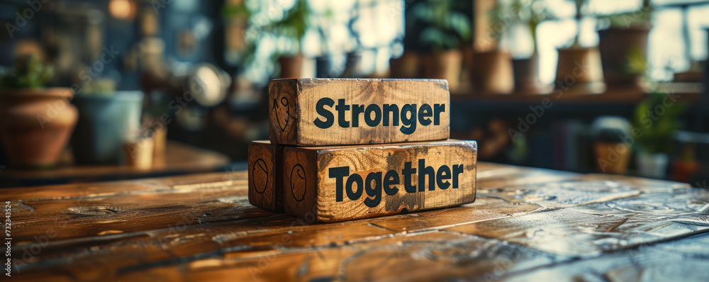 Wooden blocks stacked with 'Stronger Together' message in a cozy room ...