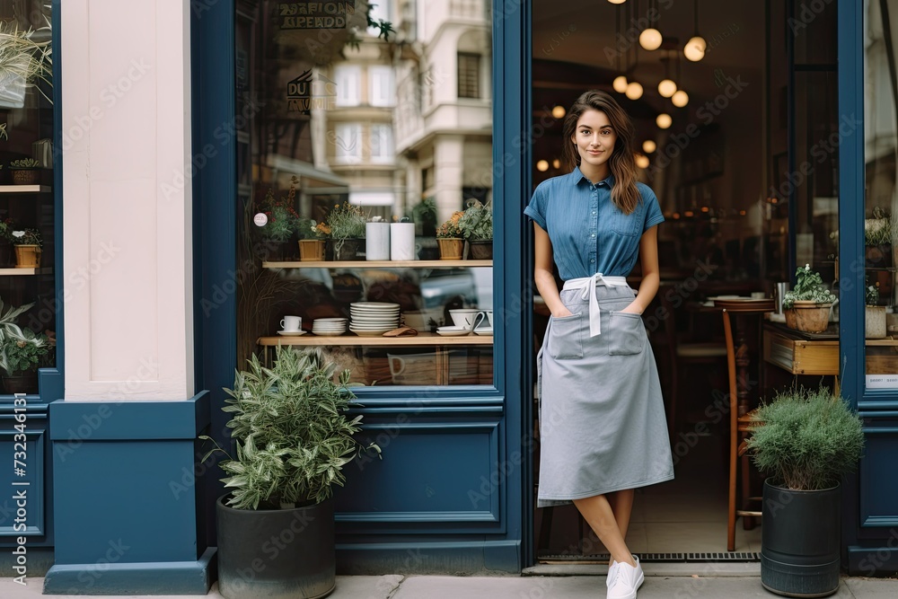 Nice hostess girl standing near entrance to small European style cafe ...