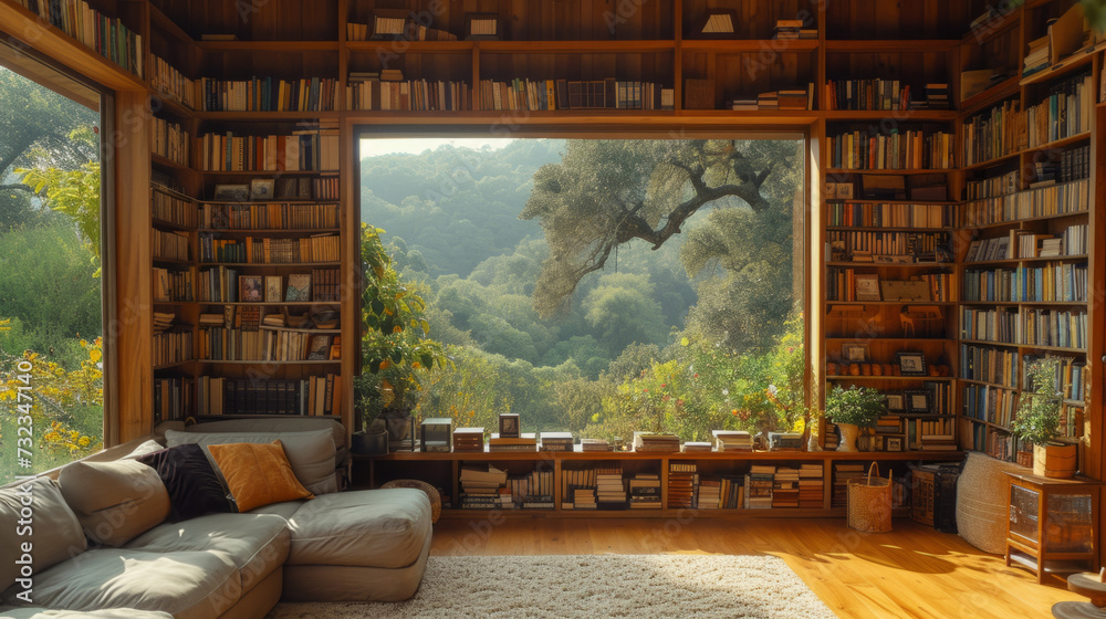 scenic bookshelf background home office library study with window view ...