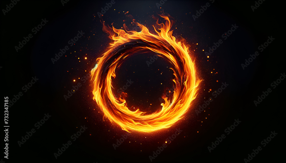 Spectacular fire circle effect with radiant flames on a deep black ...