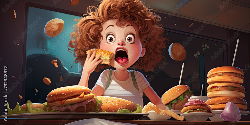 Cartoon junk food illustration, person eating unhealthy foods high in ...