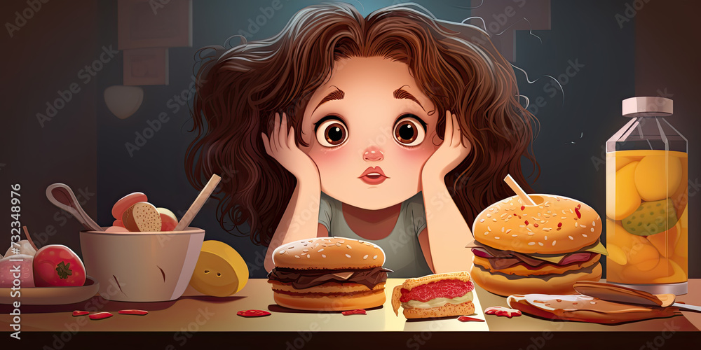 Cartoon junk food illustration, person eating unhealthy foods high in ...