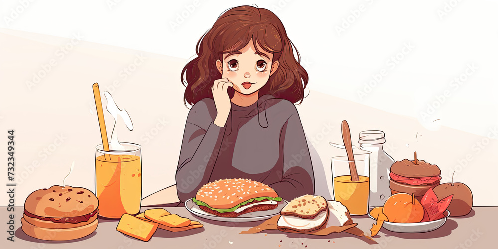 Cartoon junk food illustration, person eating unhealthy foods high in ...