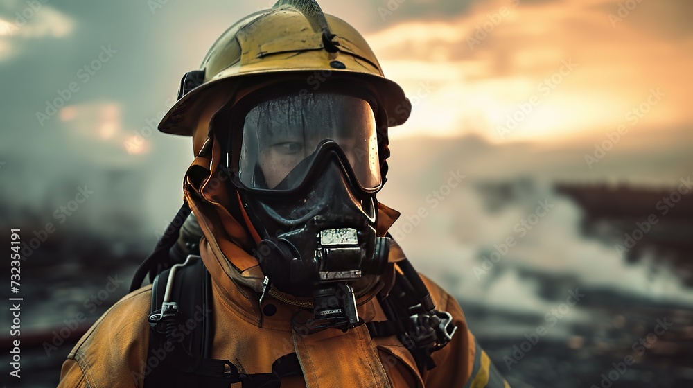 A firefighter in full gear stands amidst smoke, symbolizing bravery ...
