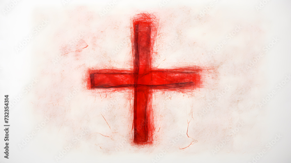 Red symbol plus in line art drawn with red crayon, isolated on white ...