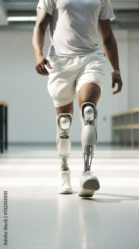 legs of a man with two prosthetic legs instead of legs indoors or gym ...