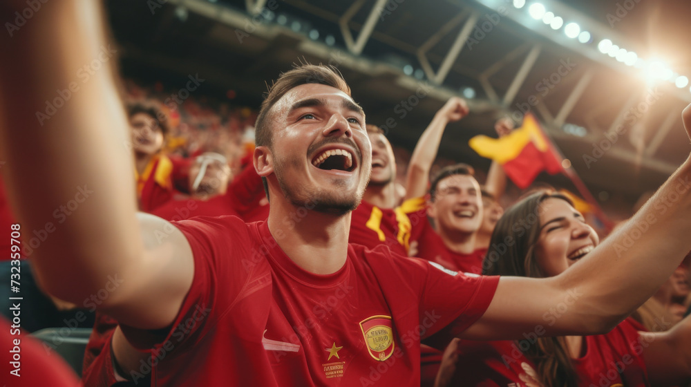 Belgian football soccer fans in a stadium supporting the national team ...