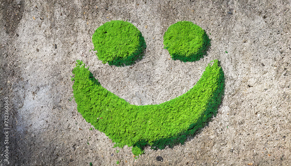 Smiley emoji Moss graffiti grows on the grey concrete wall with copy ...