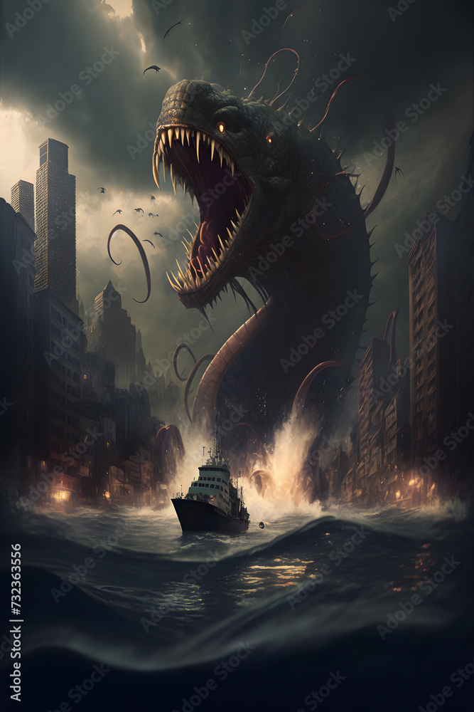 AI generated illustration of a large vessel sailing in an ocean setting ...