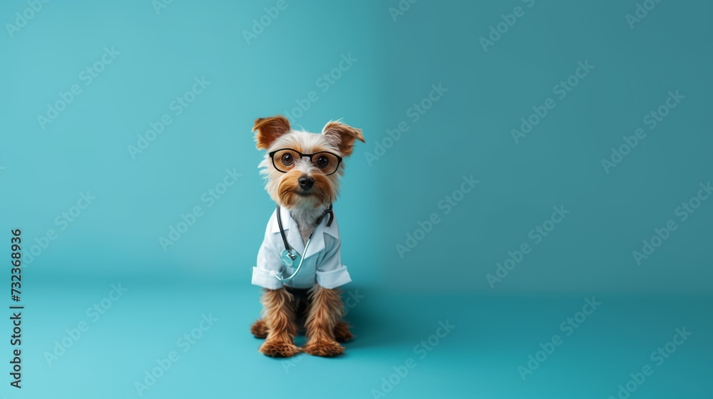 a small dog wearing a doctor's white coat, a stethoscope around its ...