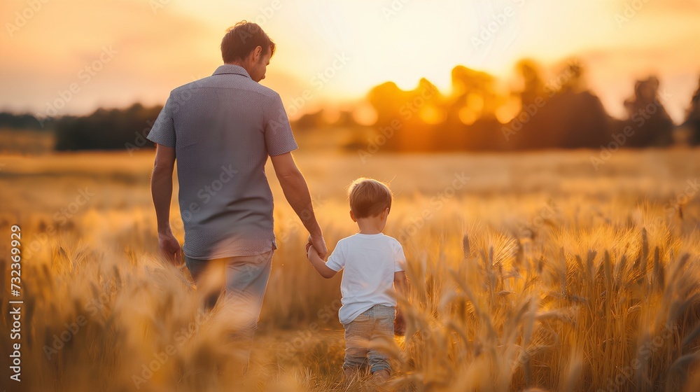 backside of a father and his young son walking hand in hand over a ...