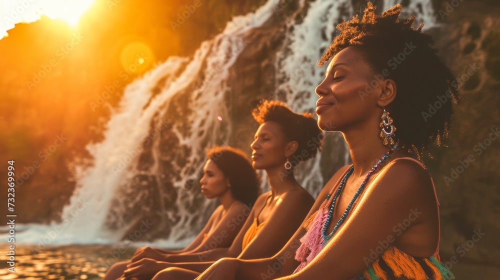 A group of women bask in the soothing mist of a waterfall, their faces ...